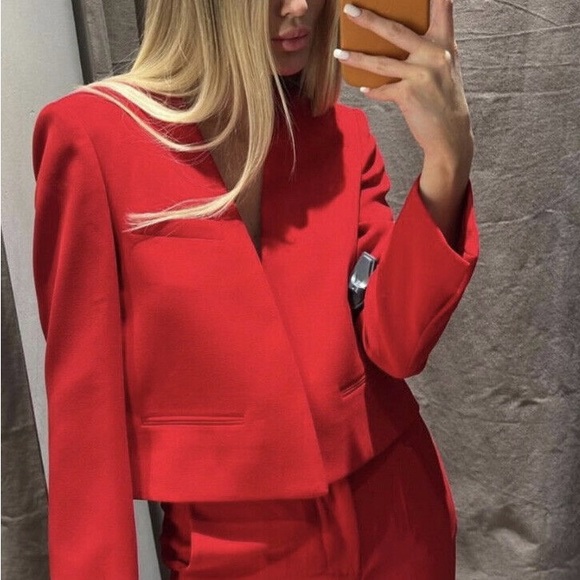 Zara | Jackets & Coats | Nwt Zara Red Collarless Cropped Blazer Size ...